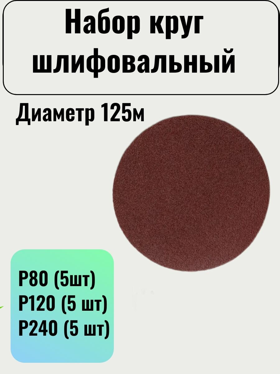 Набор круги абразивные шлифовальные на липучке 125мм Р80/Р120/Р240, по 5 шт, для шлифовальной машины