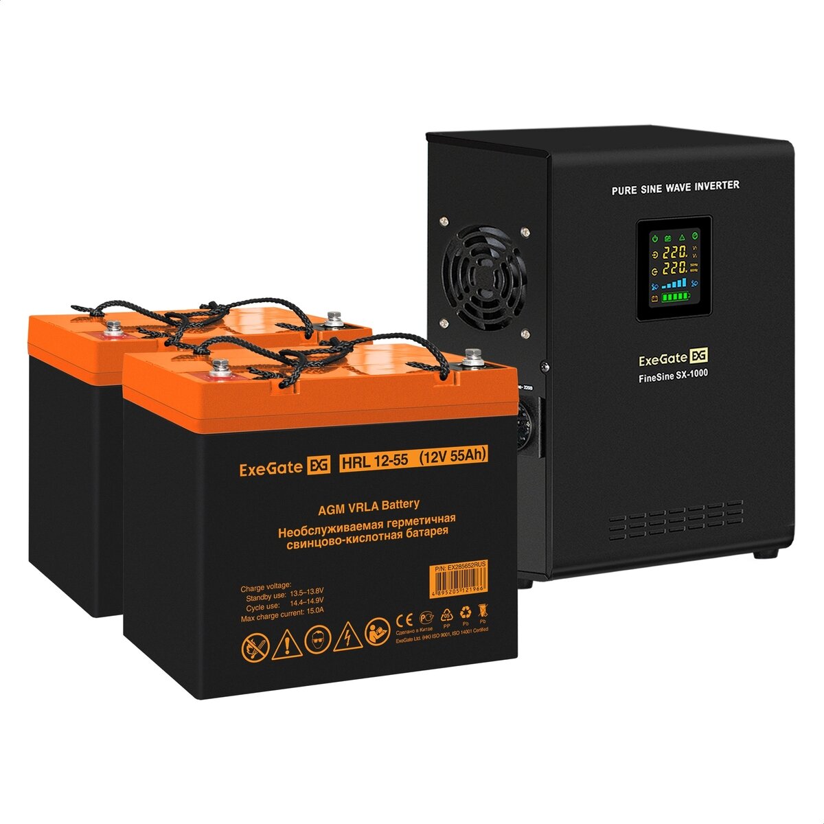 Комплект ИБП EX295997RUS + батарея EX285652RUS 1шт ExeGate FineSine SX-1000. LCD. AVR.2SH черный 1000ВА/600Вт,