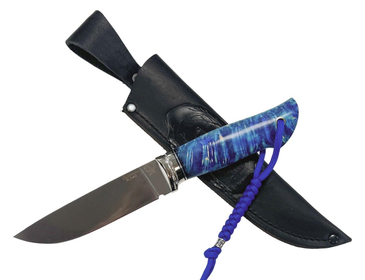 Нож Соболь, Bohler K340, рукоять кап клёна, мельхиор, синий