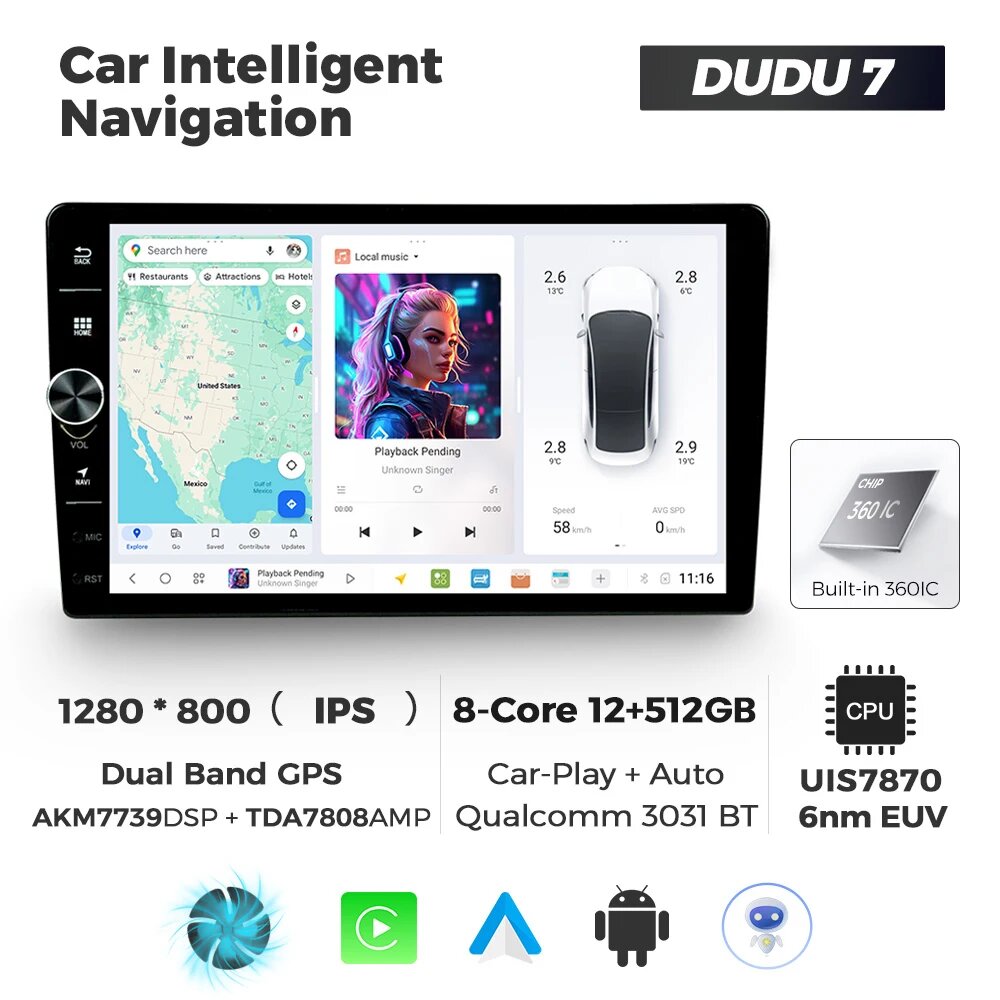 DUDUAUTO DUDU7 7870 9-дюймовый QLED-экран с ручкой Carplay Dual GPS DTS Android DUDU7-12-512-360-9D
