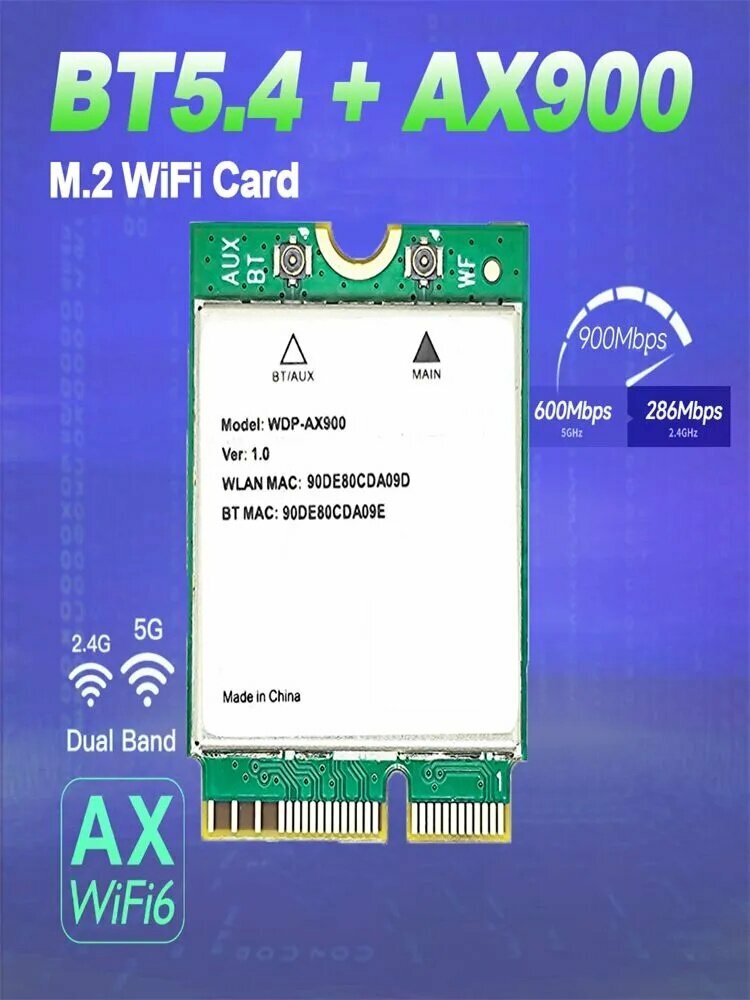 WDP-AX900 WiFi 6 Bluetooth 5.4 M.2 Сетевая карта 2.4G & 5GHz Беспроводной адаптер для ноутбуков Windows 10/11