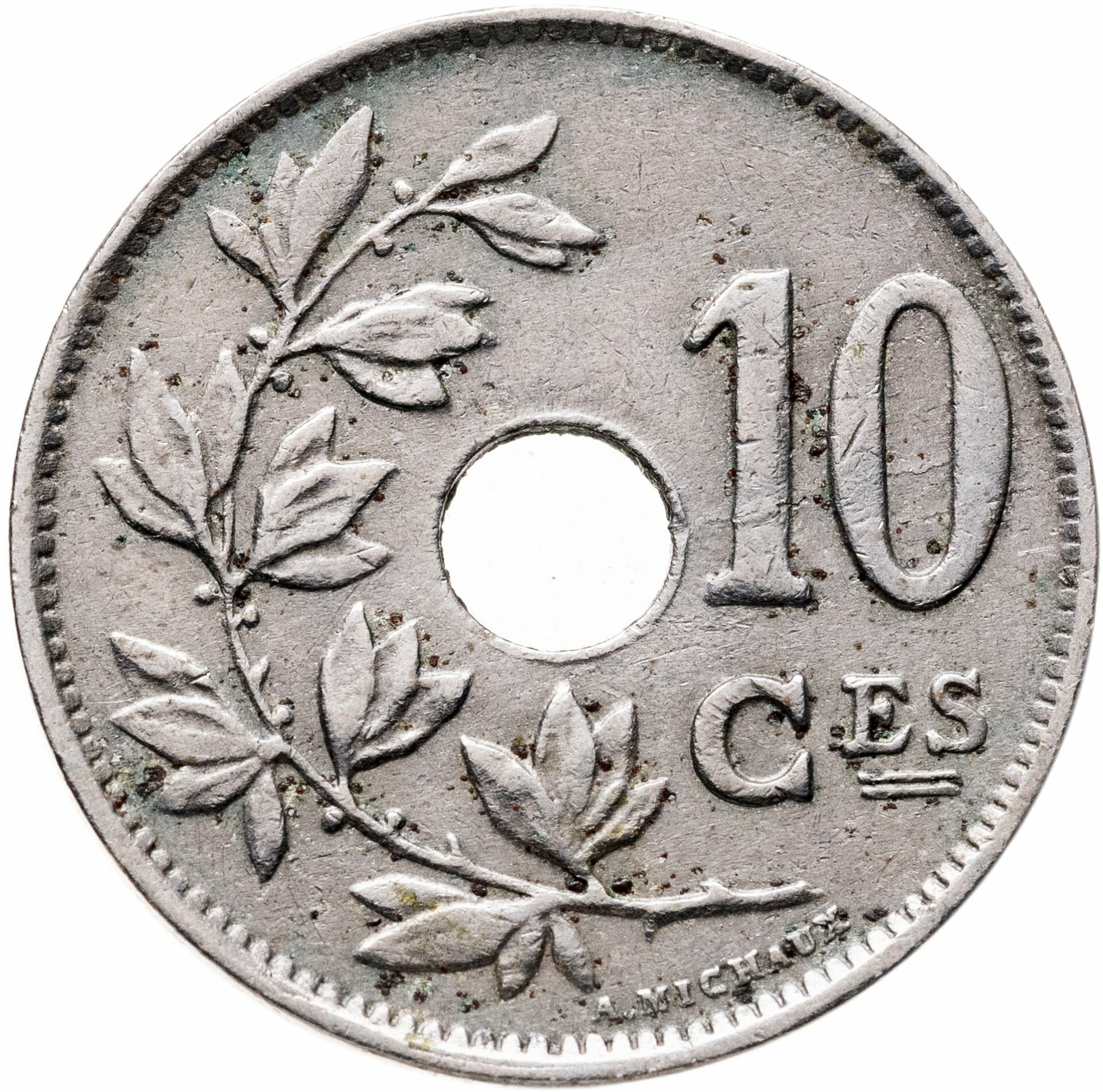 Бельгия 10 сантимов 1923, Мельхиор медь-никель, в сохранности XF