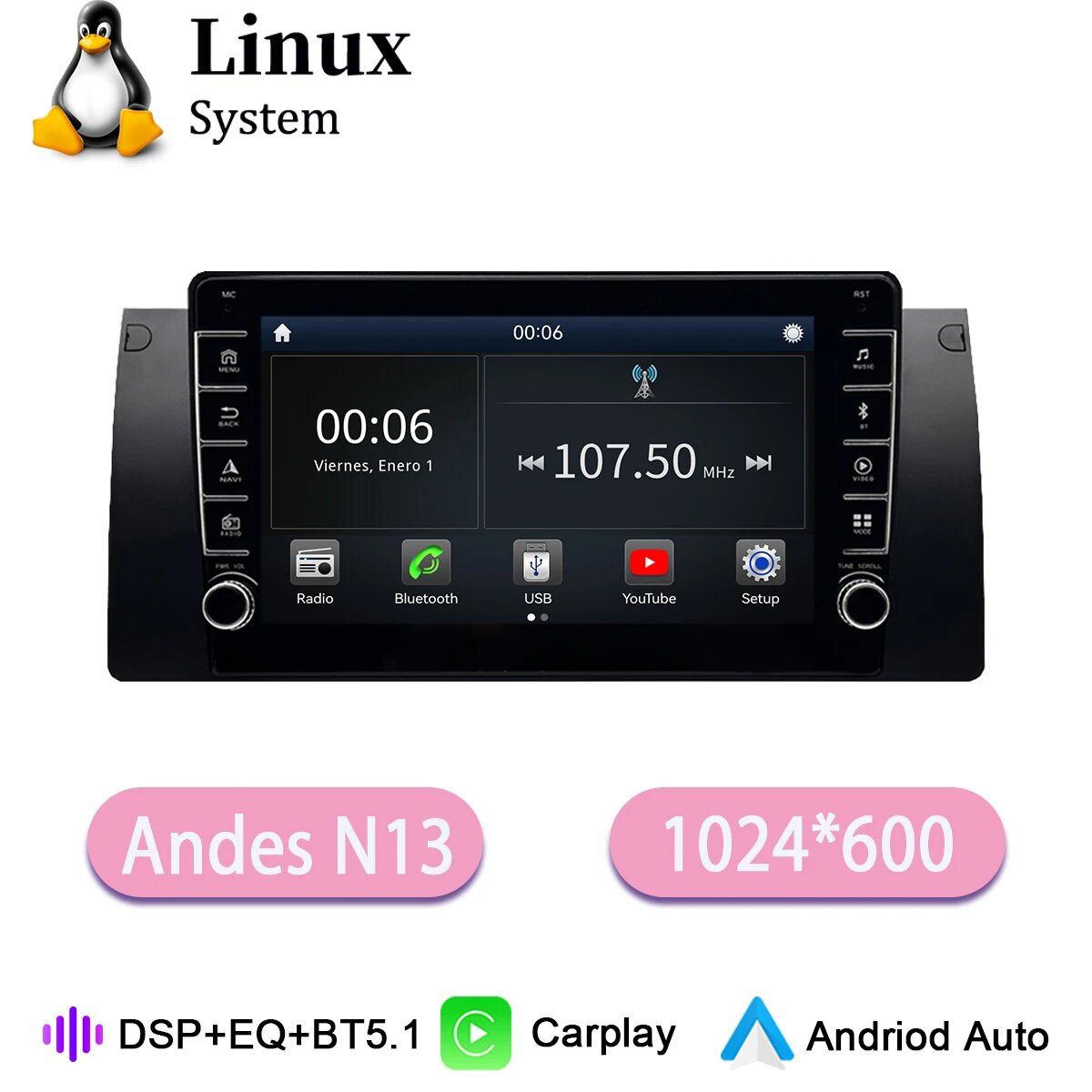 Автомагнитола Andes N13 Linux, 1024*600, CarPlay, Android Auto
