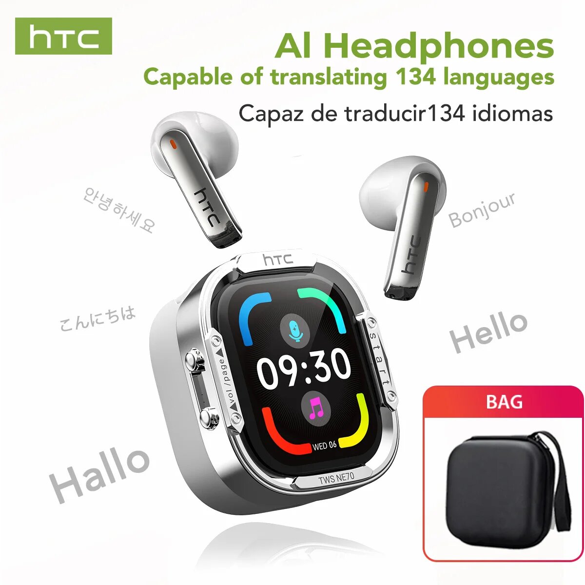 HTC NE70 AI-наушники с переводчиком, белые + сумка