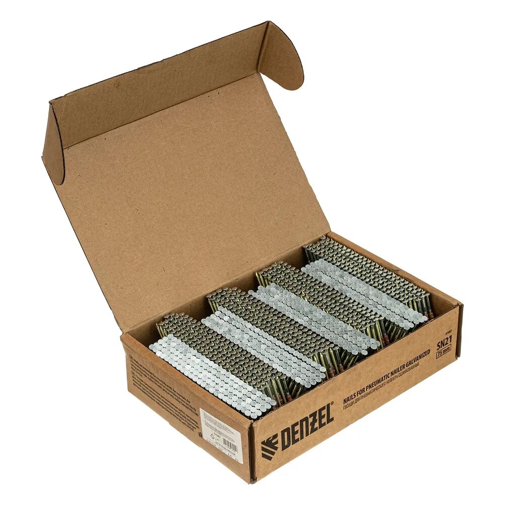 Гвозди оцинкованные тип SN21 для пневматического нейлера DENZEL длина 75 мм, диаметр 3,05 мм, 2000 шт (57687)