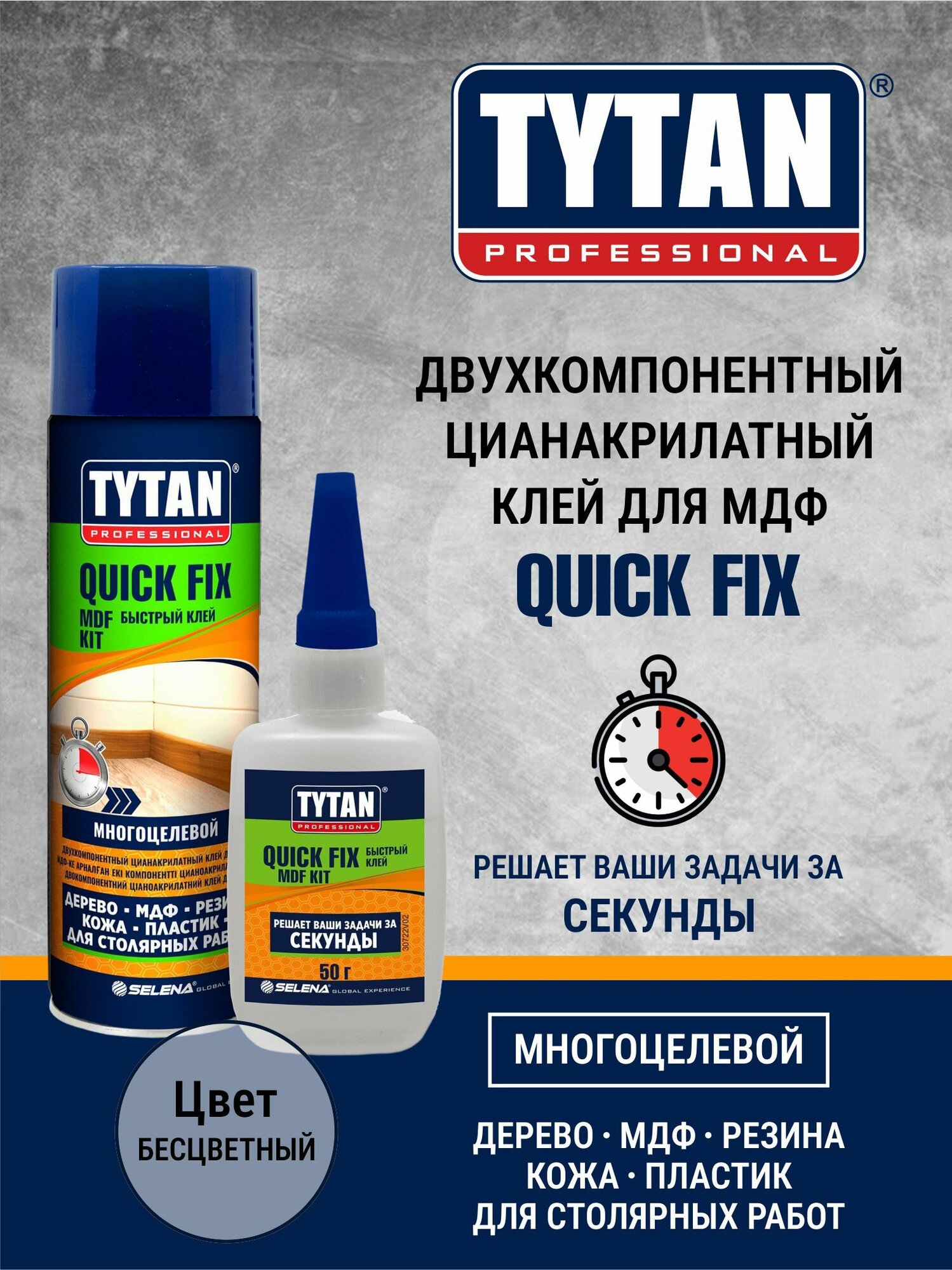 Клей цианакрилатный двухкомпонентный для древесных материалов прозрачный TYTAN Professional 200 мл/50 г