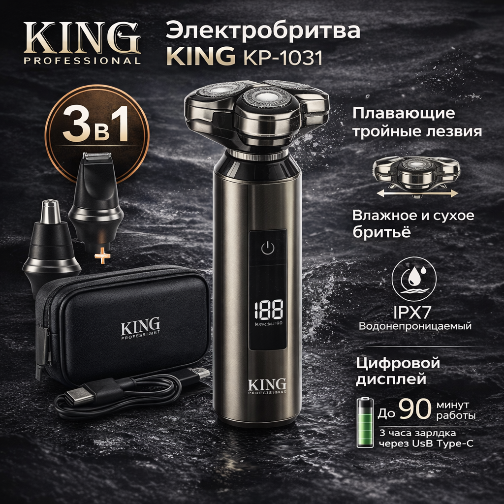 Электробритва KING KP-1031 мужская, роторная 3 в 1, влагозащищённая, с цифровым дисплеем