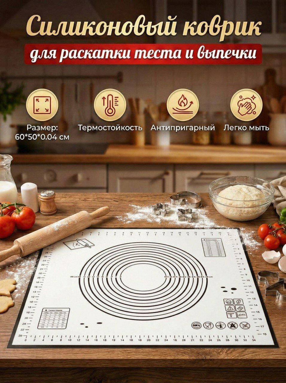 Силиконовый коврик для раскатки теста и выпечки 60х50 с разметкой
