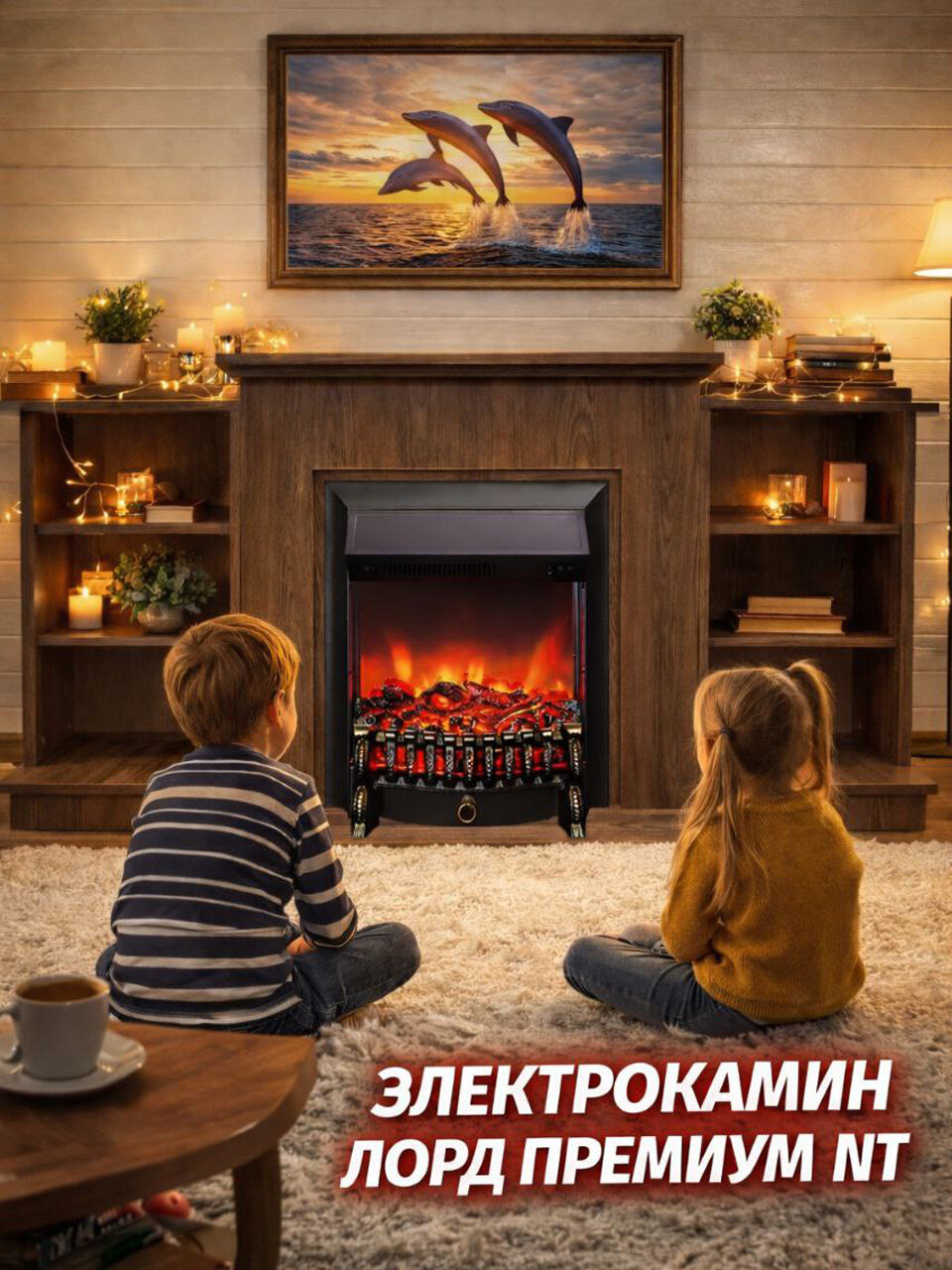 Электрокамин FLAMEKAMIN Лорд Премиум NT с очагом Fobos, 2 тумбы с полками, звук, обогрев (камин электрический)