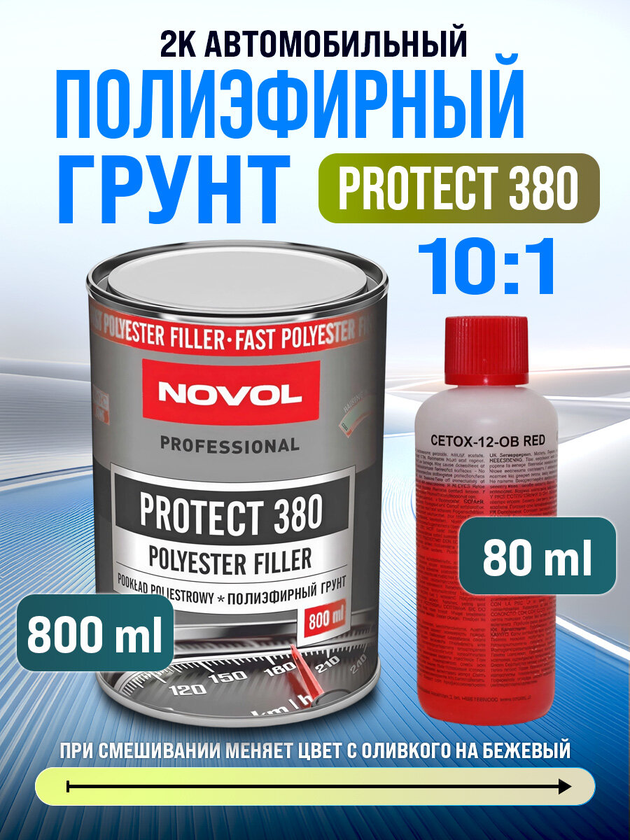 Автомобильный полиэфирный грунт Novol Protect 380 (0,8л+0,08л) комплект с отвердителем (жидкая шпатлевка нового поколения)