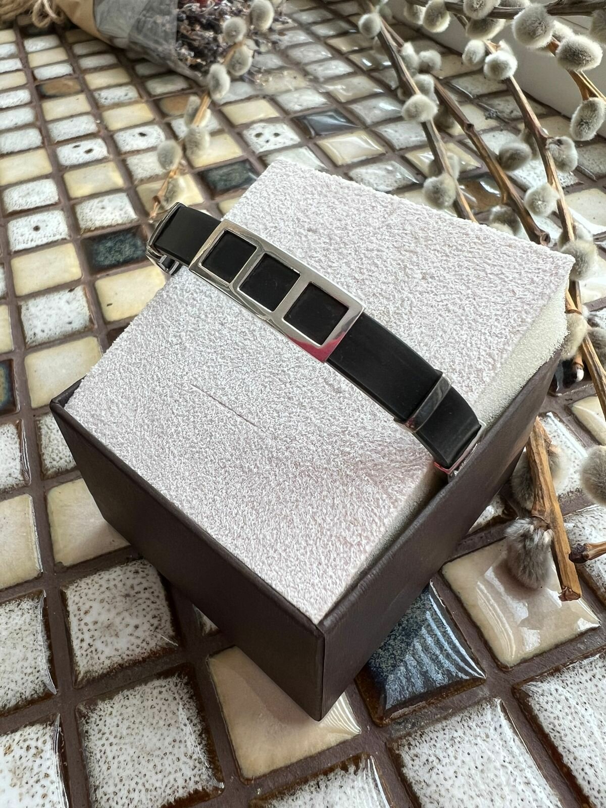 Браслет, серебро, 925 проба, родирование, каучук