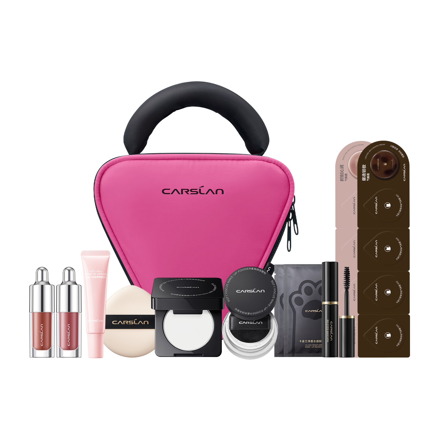 Пробный набор косметики женский Carslan 1301523218, черная магнитная рассыпчатая пудра, крем для губ, сыворотка, тушь