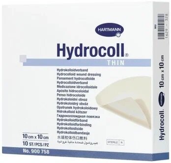Повязка Hydrocoll thin (Гидроколл тин) гидроколлоидная самофиксирующаяся тонкая для заживления ран 10х10см, 900758 (10 штук)