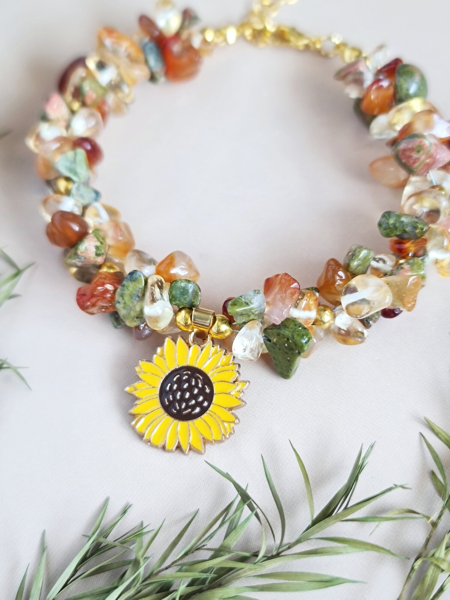 Плетеный браслет, цитрин, унакит, сердолик