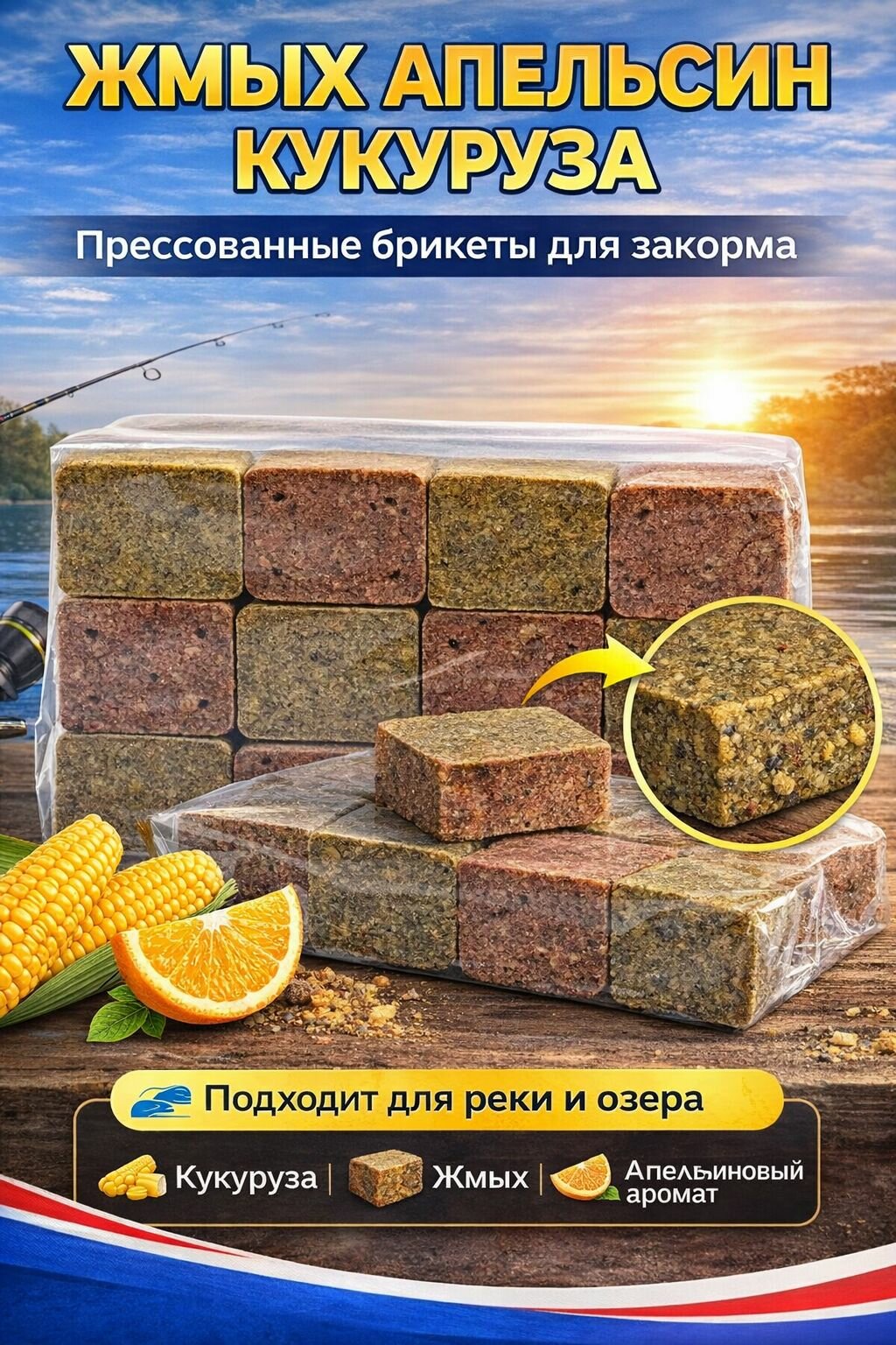 Жмых рыболовный Бутерброд Апельсин кукурузный, прессованные брикеты для карпа и карася