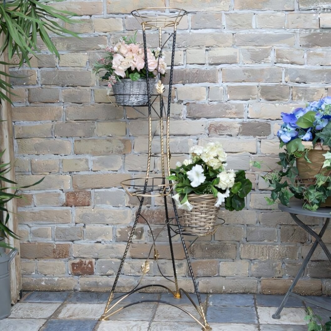 Стойка для цветов напольная "Витая" на 4 горшка, металл, черно-золотая, декор с листьями