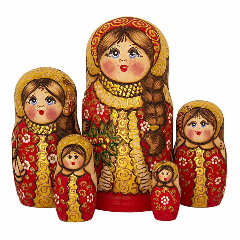 Матрешка деревянная авторская жженка с поталью Букеты 5 мест 17 см