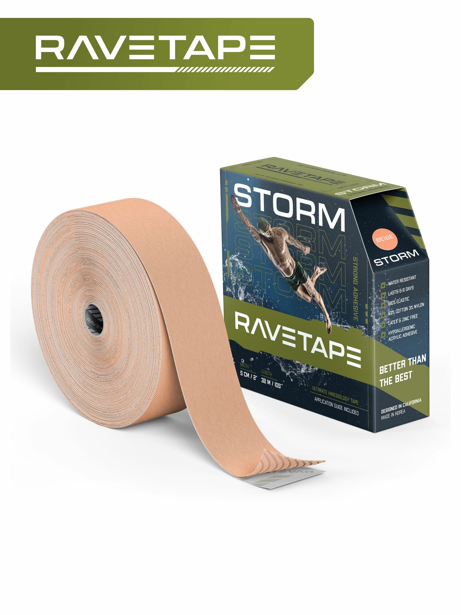 Усиленный RaveTape STORM Телесный, 32м х 5см, кинезио тейп, 1 шт. в упаковке