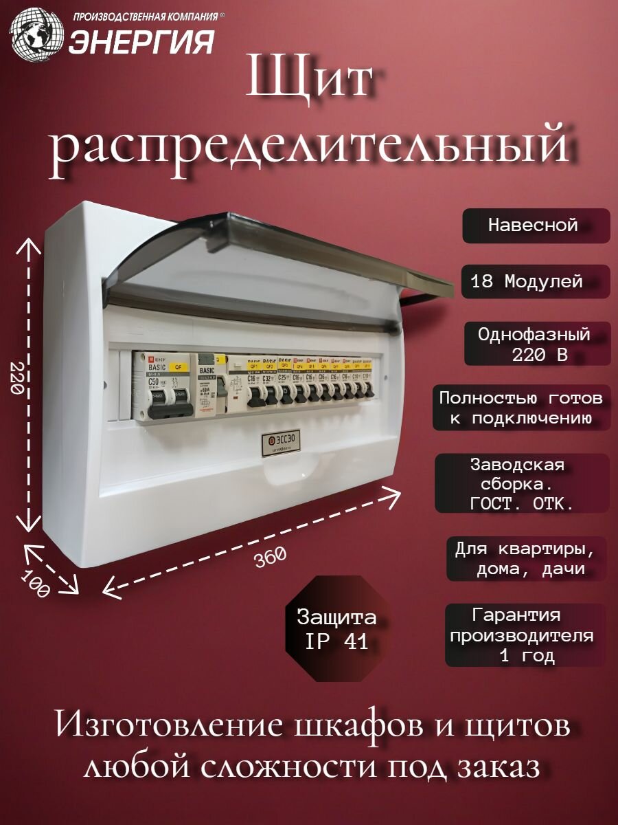 Щит распределительный в сборе, 18 модулей, 1-фазный, 220В, навесной, готов к подключению