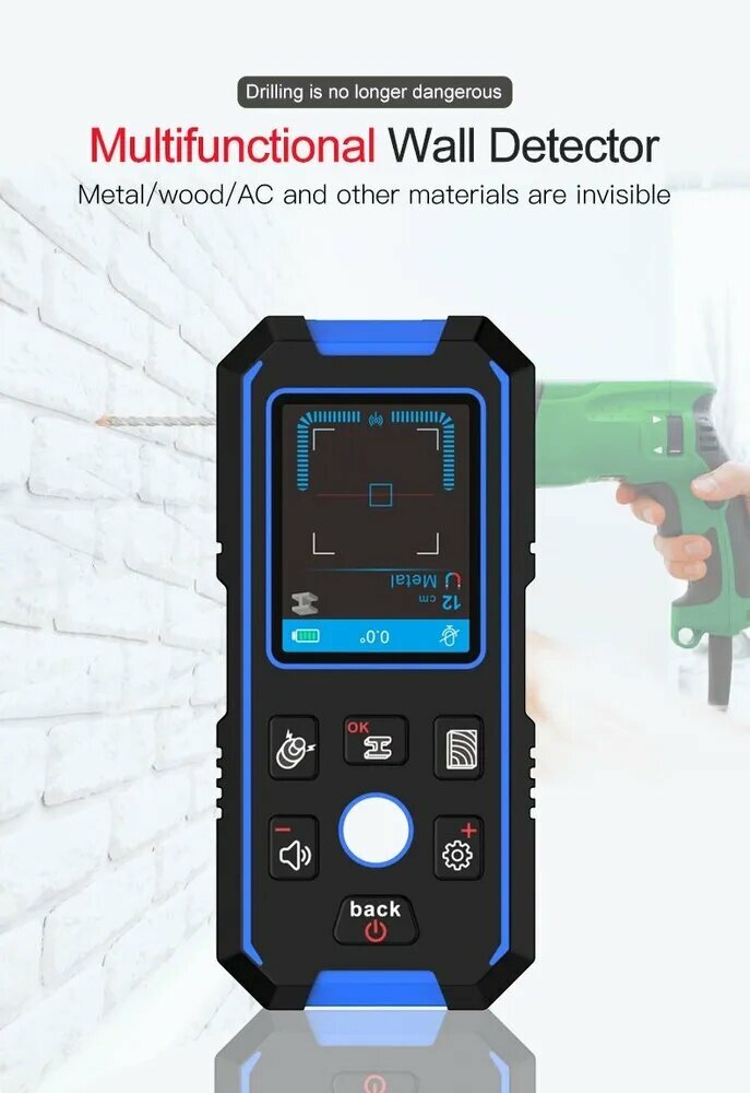 Настенный детектор NOYAFA NF-518 оснащен ЖК-дисплеем и звуковой сигнализацией и подходит для обнаружения металла, балок, проводов переменного тока и труб.