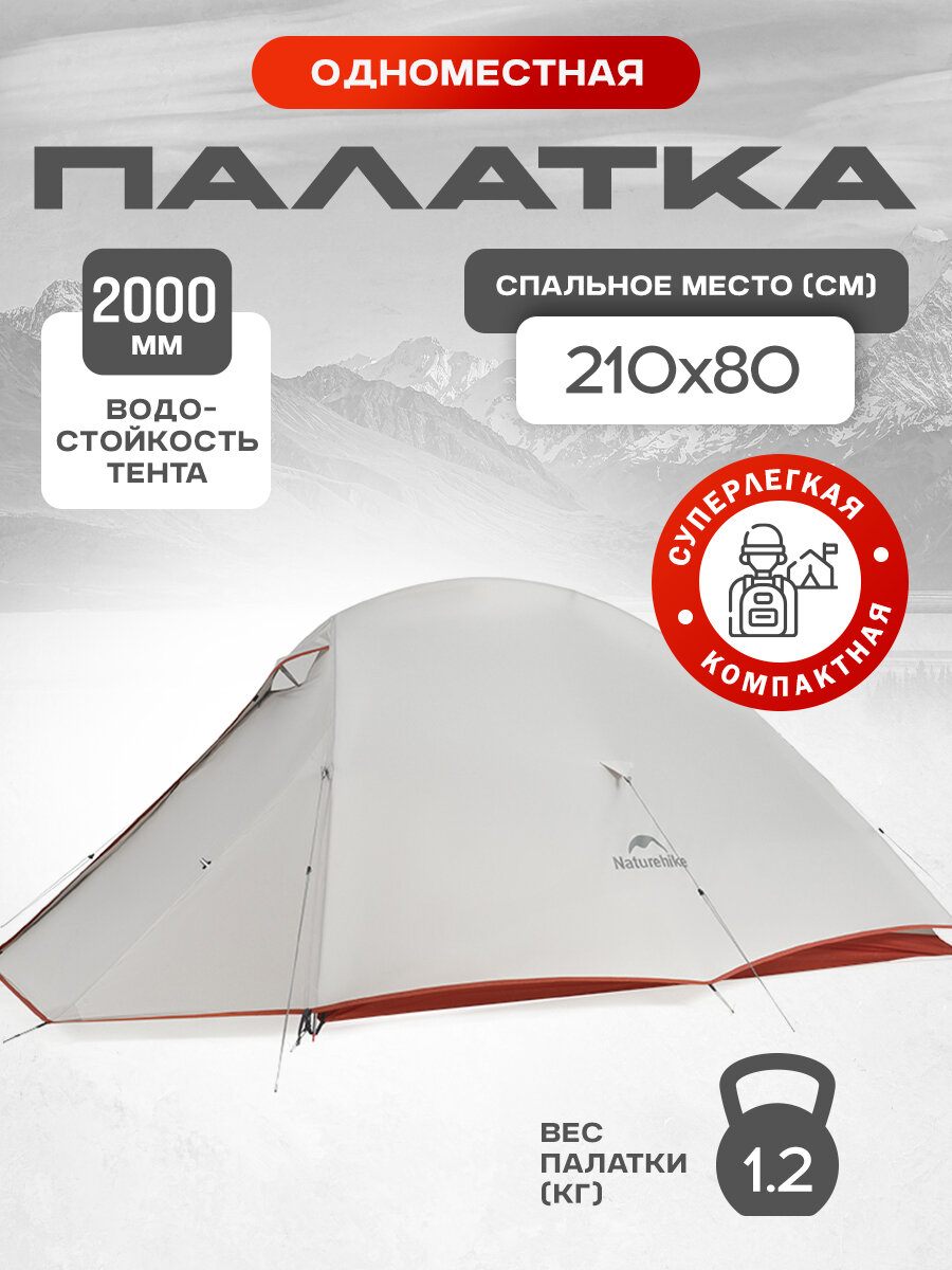 Палатка Naturehike Cloud Up Pro Si 1-местная, алюминиевый каркас, сверхлегкая, серо-красная