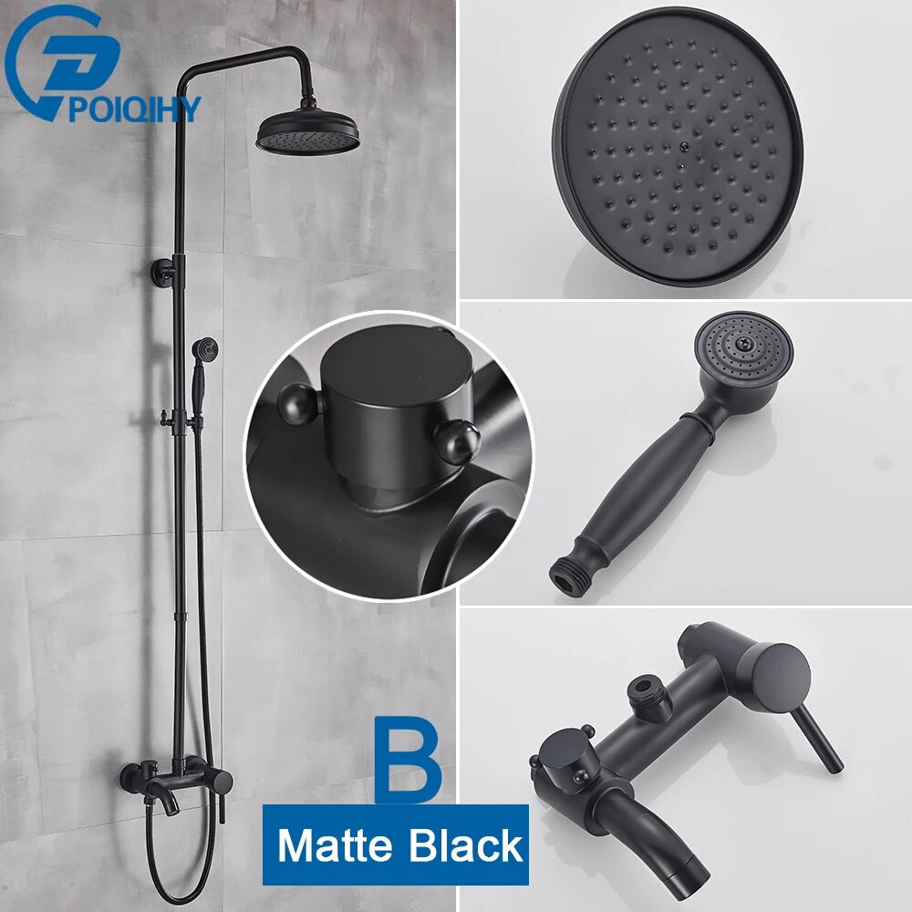 POIQIHY ORB Черный смеситель для душа для ванной в стене 8" Дождевой душ из латунья Комплект для душа Смесительный кран Слив для ванны Комплект для душа Двух ручек-Матовый черный B gg