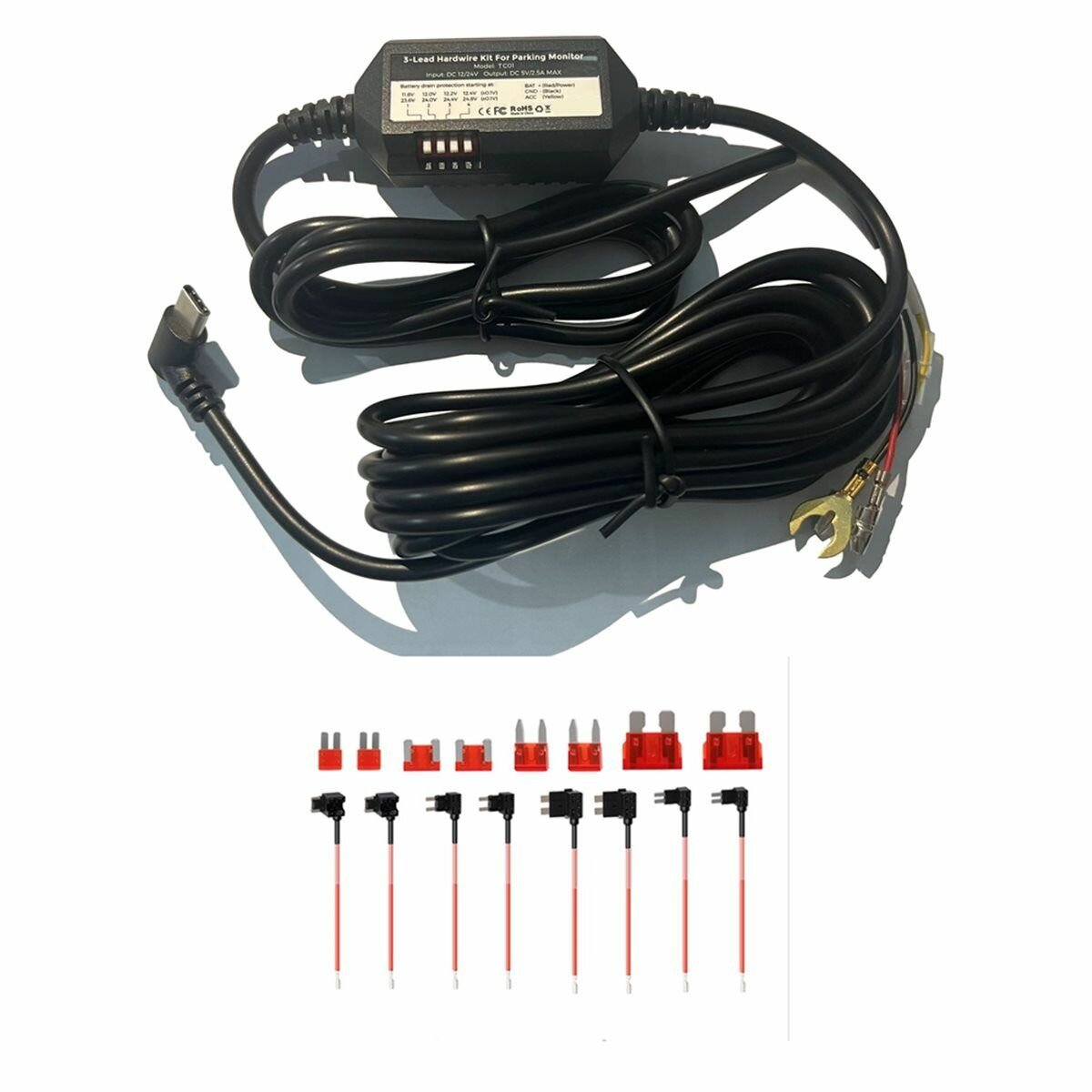 Комплект проводов для видеорегистратора с интерфейсом типа C, кабель питания 12 В, от 24 В до 5 В, защита от низкого напряжения, поддержка режима парковки