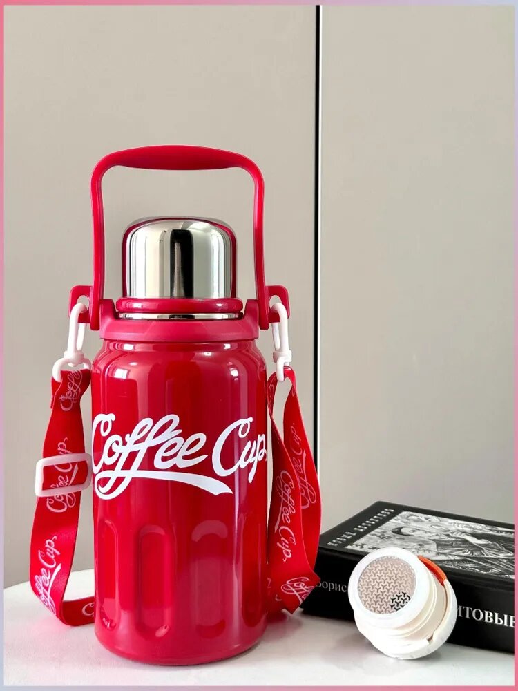 Термос С блокировкой крышки в виде замочка, С кнопкой, С ситечком "Coffe Pot", 1 л