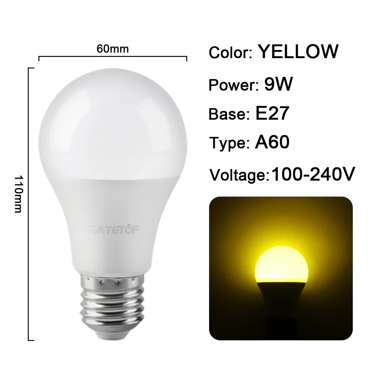 Светодиодные лампы Gatetop 3 шт, желто-синие, E27/E14/GU10, AC100-240V A60 E27 YELLOW