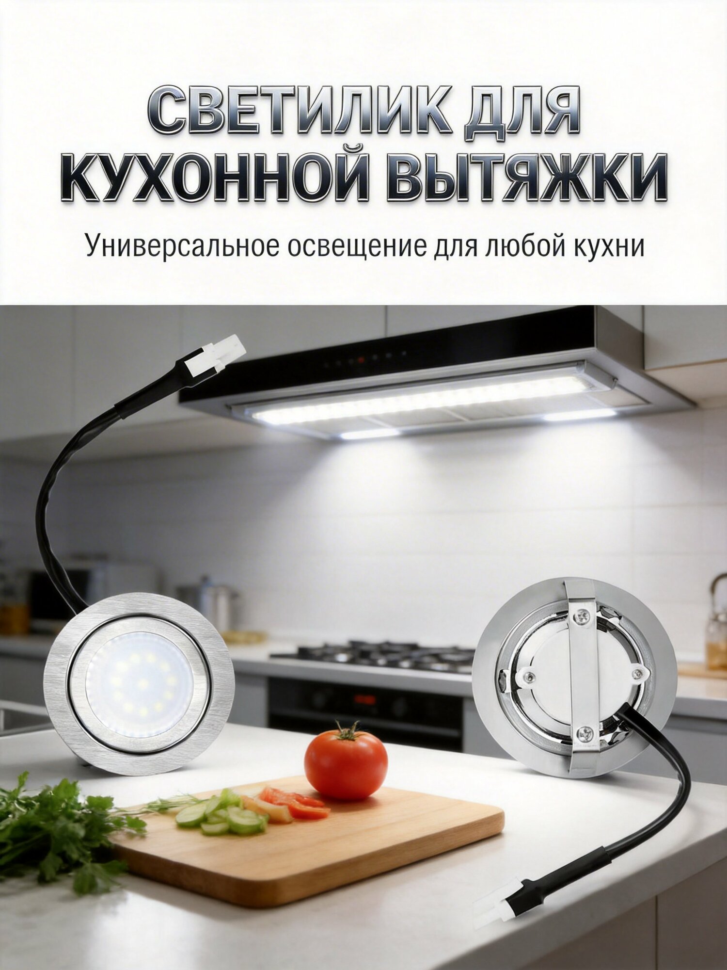 Светильник для кухонной вытяжки 12V 1.5W, комплект из 2 LED-ламп холодный белый 6500K простая установка без инструментов универсальная замена
