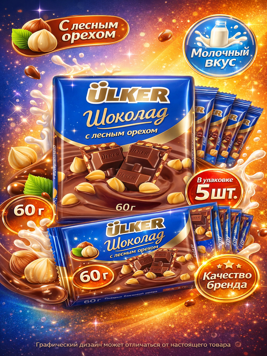 Шоколад Ulker молочный с лесным орехом, 60г x 5 упаковок