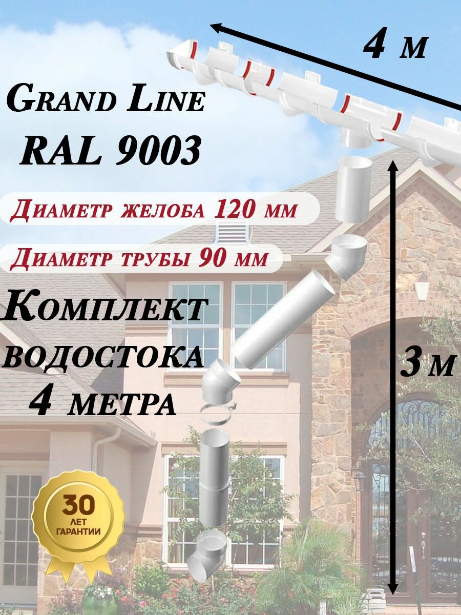 Водосточная система Grand Line 4 м по 1 метру (120мм/90мм ) белый водосток для крыши пластиковый Гранд Лайн ( RAL 9003 пломбир ) комплект ПВХ