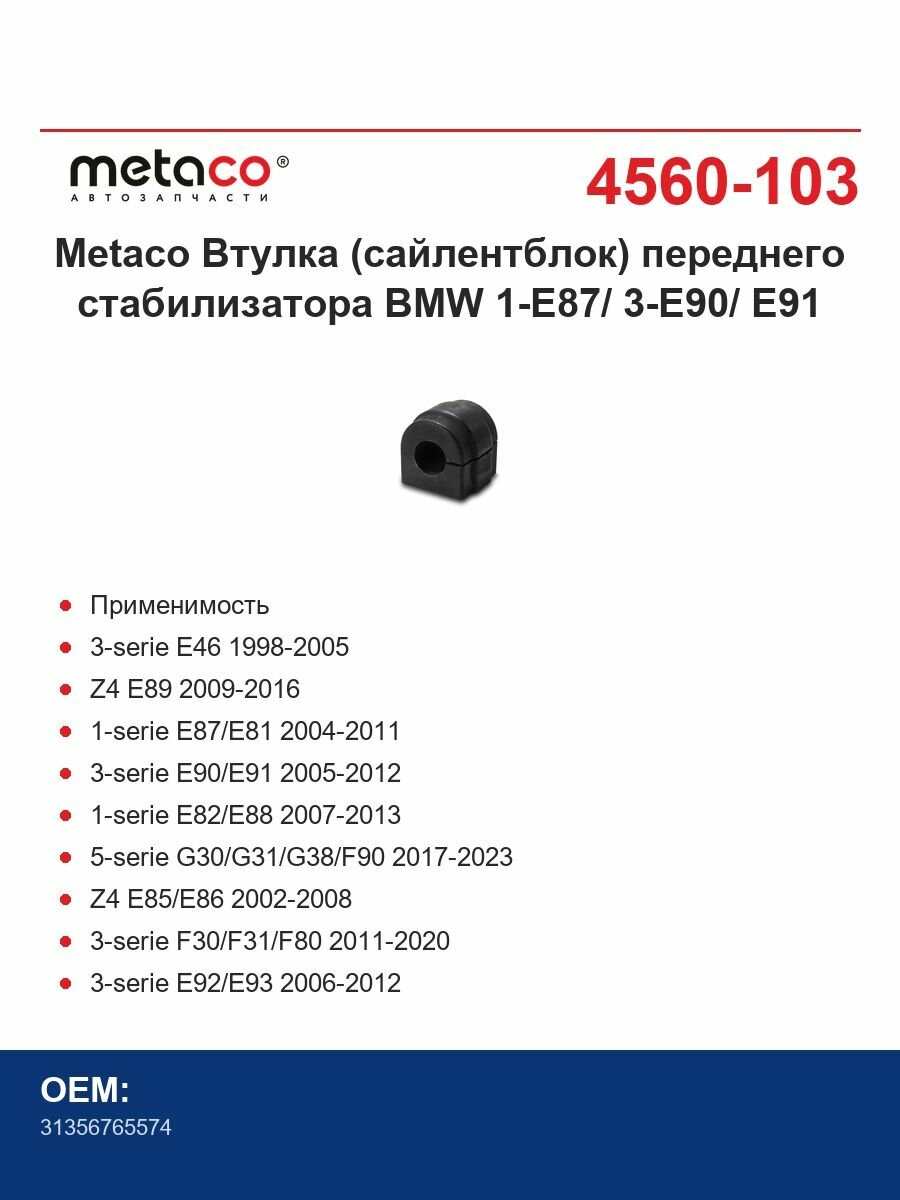 Metaco Втулка (сайлентблок) переднего стабилизатора BMW 1-E87/ 3-E90/ E91