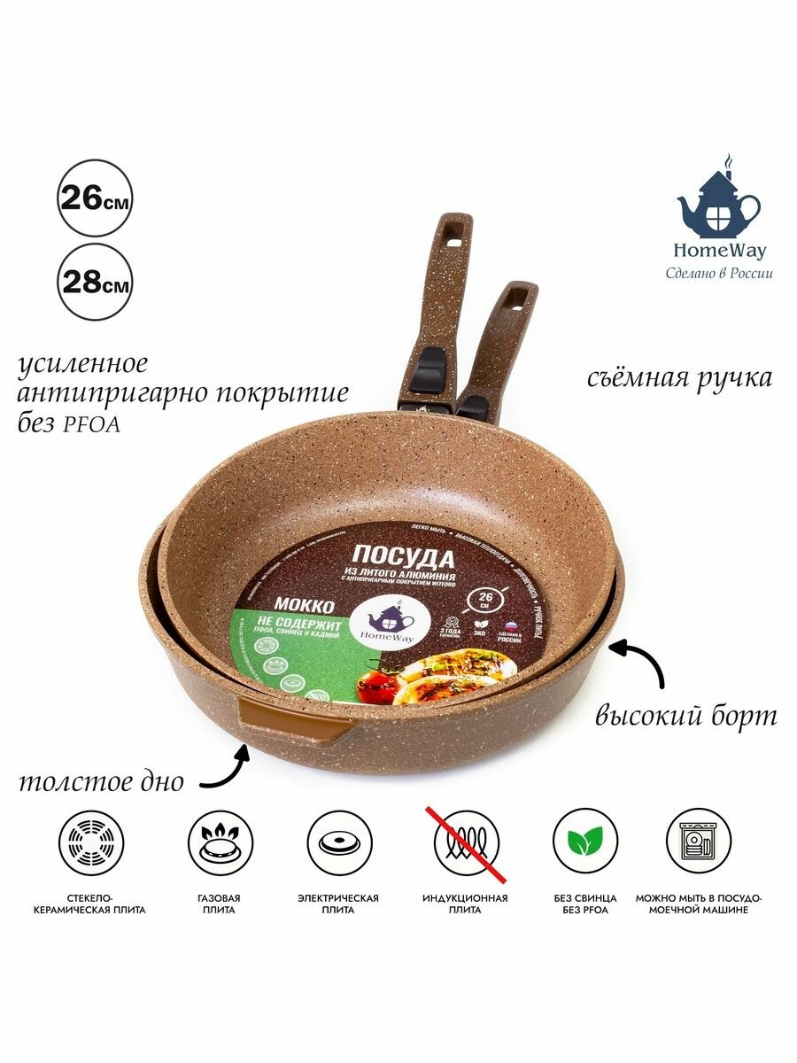 Набор сковородок 2шт.(26см/28см), съемные ручки, Дуо комплект. HomeWay