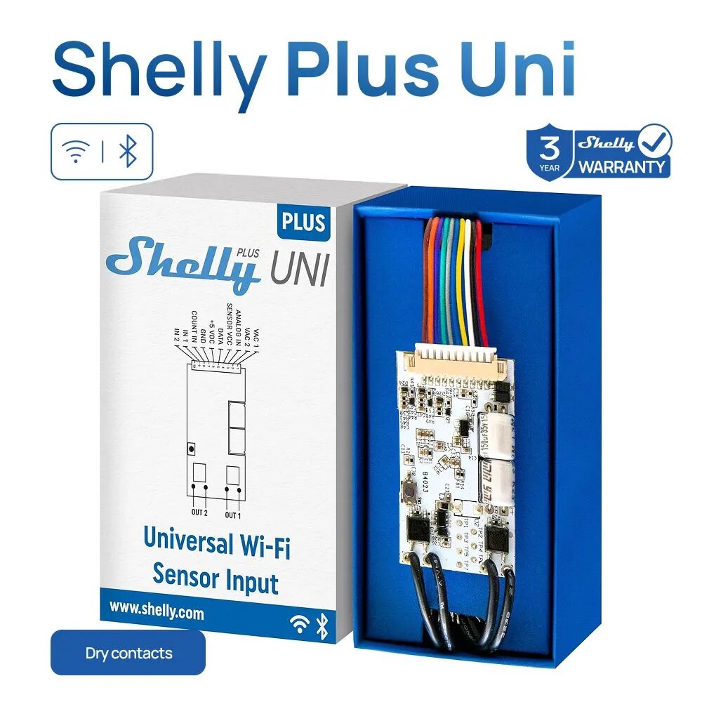 Shelly Plus Uni умный Wi-Fi-модуль управления, компактное устройство, разработанное для систем, обеспечивающее продвинутую автоматизацию и точный мониторинг.