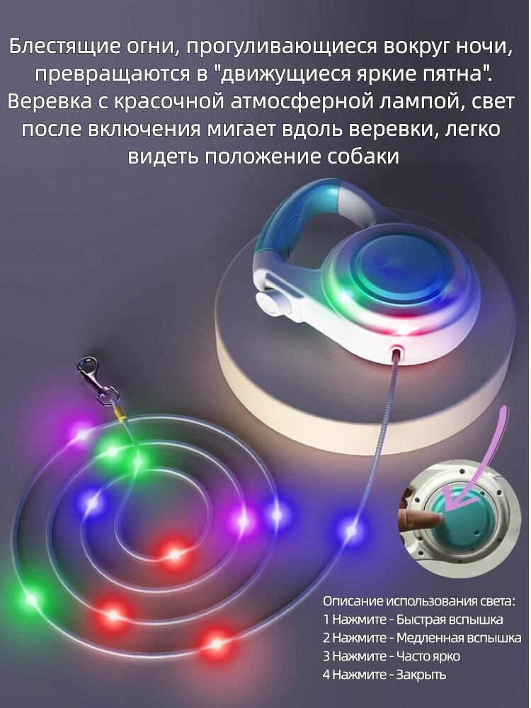 Поводок рулетка cветящийся для собак мелких и средних пород 5 метров до 20 кг