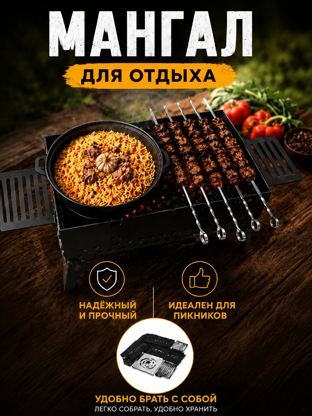 Мангал "V2", разборный, металл, полки, гриль, неокрашенный, толщина металла 3 мм — фото 1