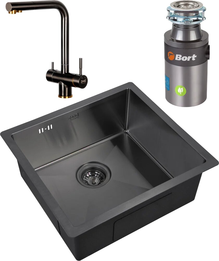 Комплект Мойка Zorg Inox PVD 4844 48x44, grafit, нержавеющая сталь / Смеситель Inox SZR-7039 BR/GRAFIT графит, бронза, бронза графит / Измельчитель Bort Titan 4000 Control электрический, нержавеющая с