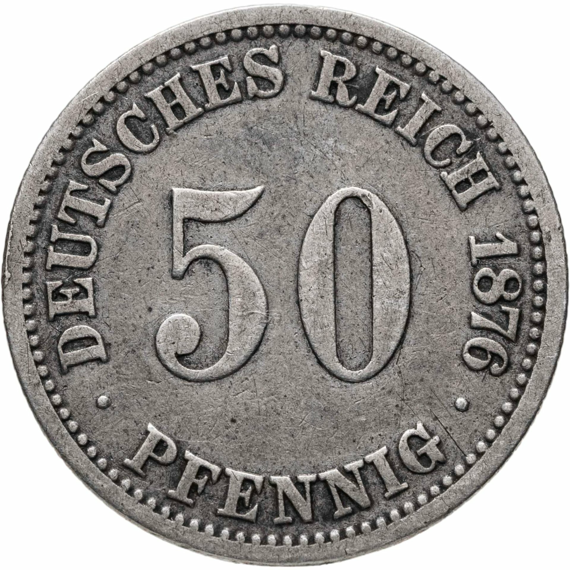 Германия 50 пфеннигов pfennig 1876, знак монетного двора: "A" - Берлин, Серебро 900, в сохранности F