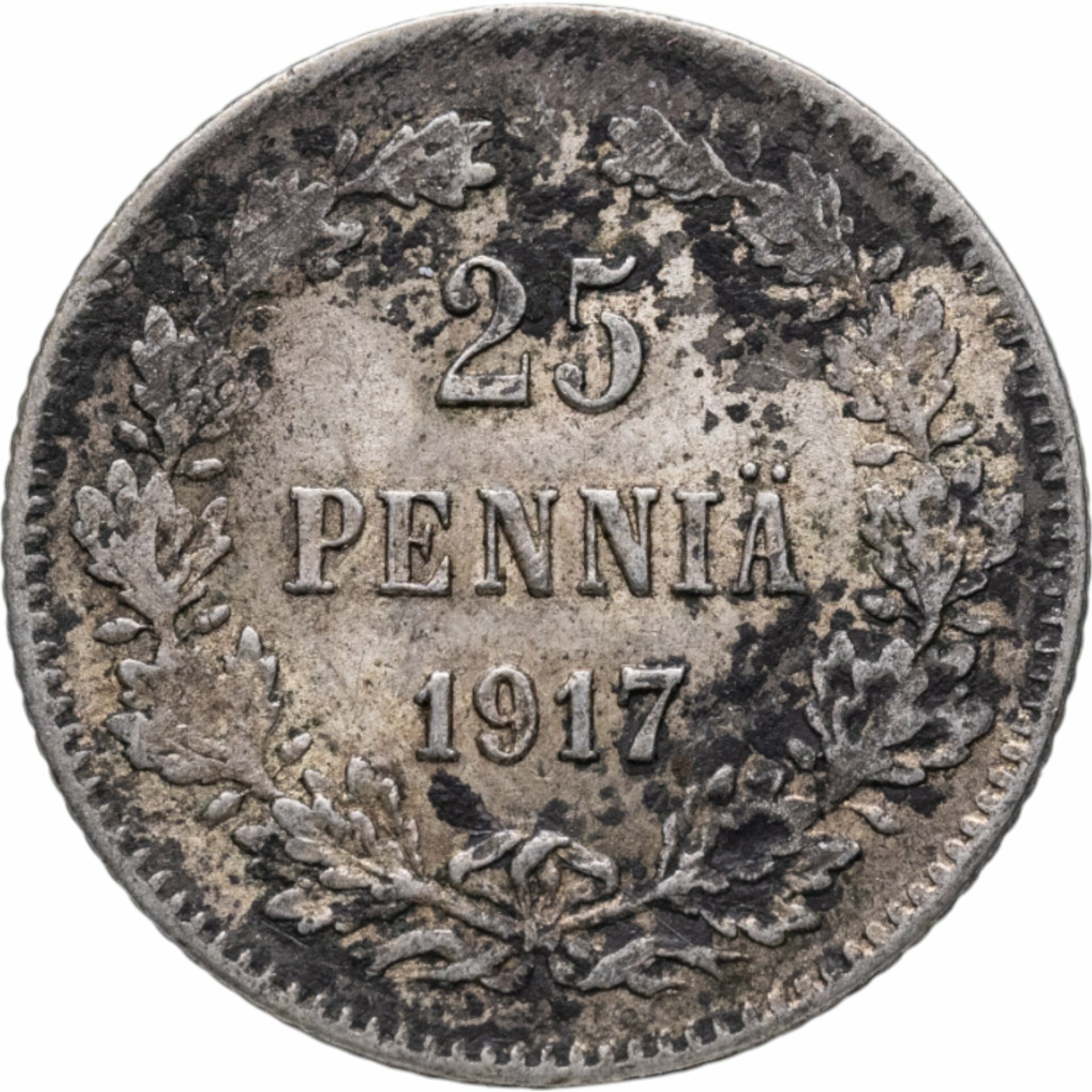 25 пенни pennia 1917 S орел без корон, Российская Финляндия, Серебро 750, в сохранности VF-XF