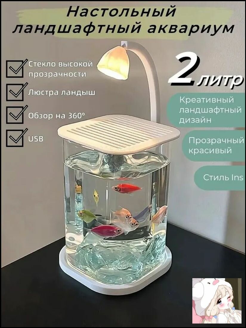 Набор аквариума для петушков "Ледяная синева" - мини-аквариум из сверхпрозрачного стекла (10 10 15см + LED-подсветка + кристаллы)
