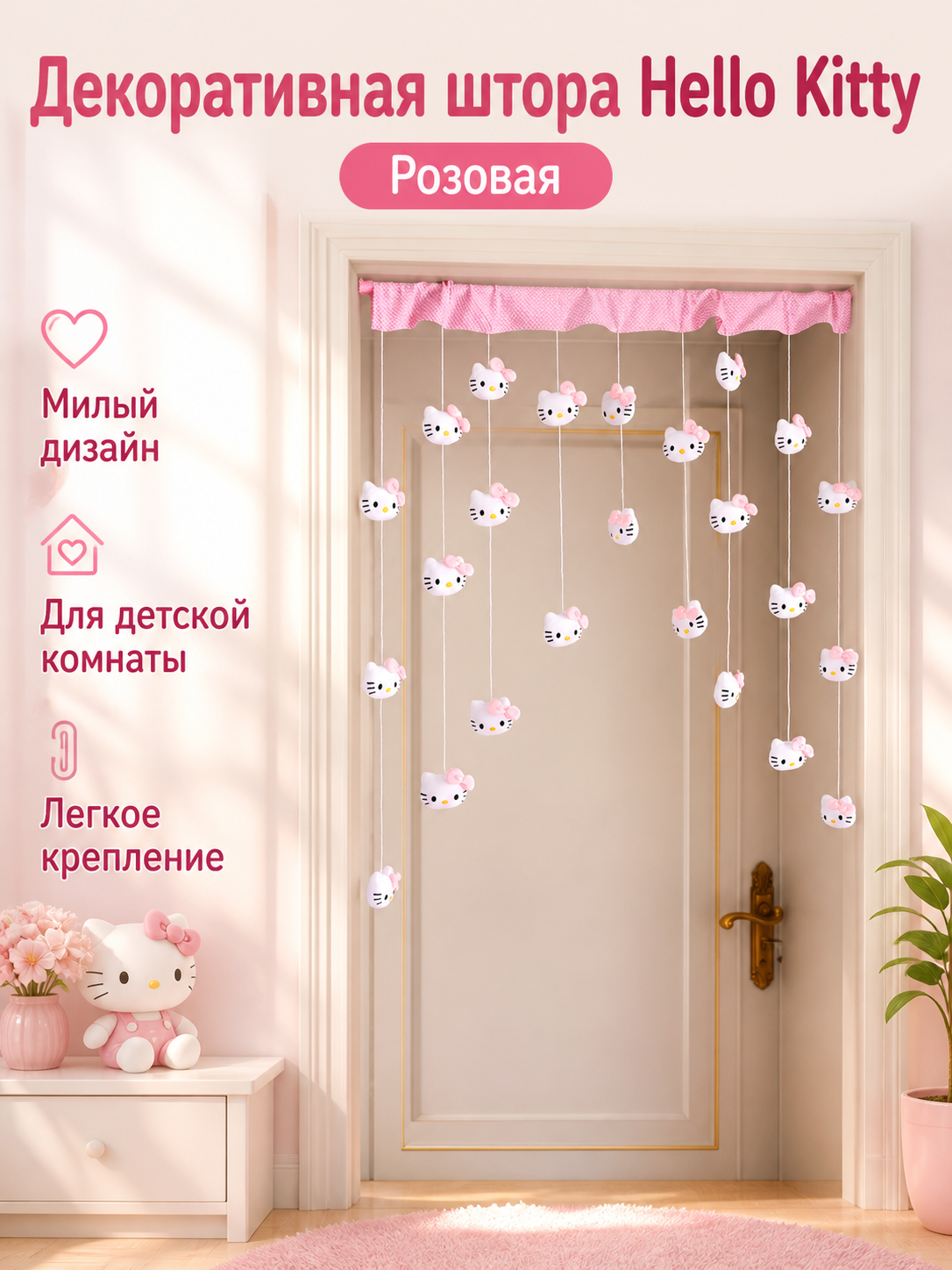 Дверная занавеска Hello Kitty, розовый дизайн Дверная занавеска Hello Kitty в розовом стиле