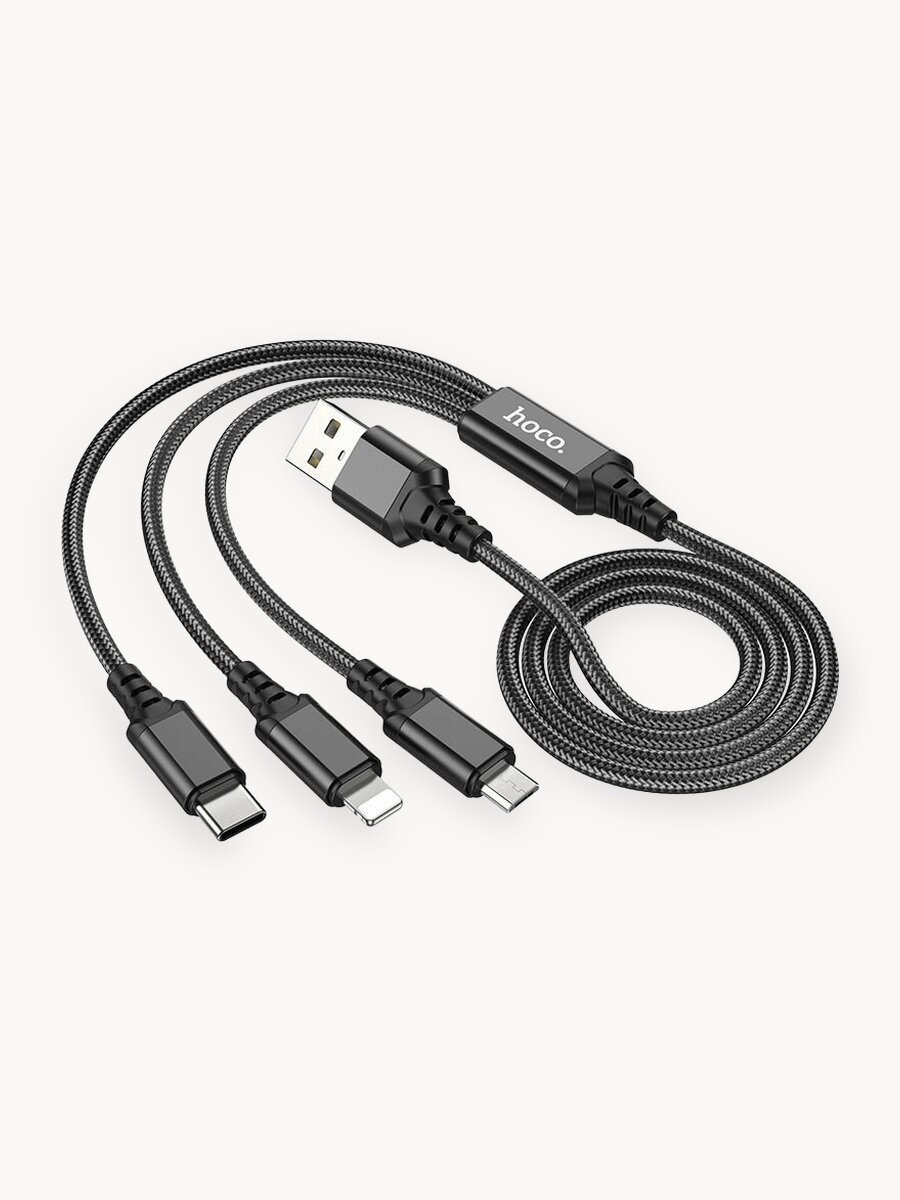 Кабель Hoco 3в1 USB - Lightning/ Type-C/ Micro для Iphone, смартфонов, Hoco X76, чёрный, 1 метр, 2A