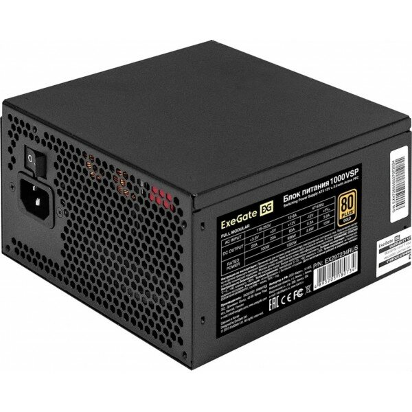 Блок питания Exegate 1000W 1000VSP FС (ATX3.0, APFC+DC-DC, КПД 90% (80 PLUS GOLD), 120mm silent fan, flat cables 24pin, 2x(4+4)pin, PCIE5.0/12VHPWR, 4