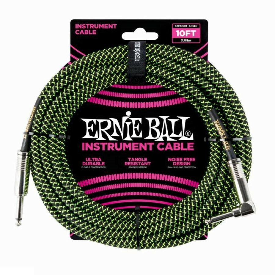 Кабель инструментальный ERNIE BALL 6077 оплетёный, прямой-угловой 3,05 м, черный