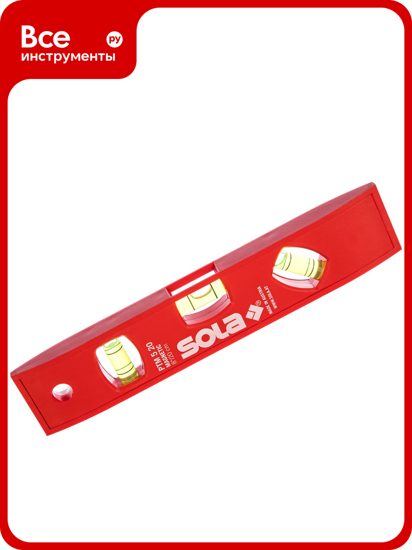 Пластиковый магнитный уровень, L=20 см, 3 глазка SOLA PTМ 5, для работы в полумраке