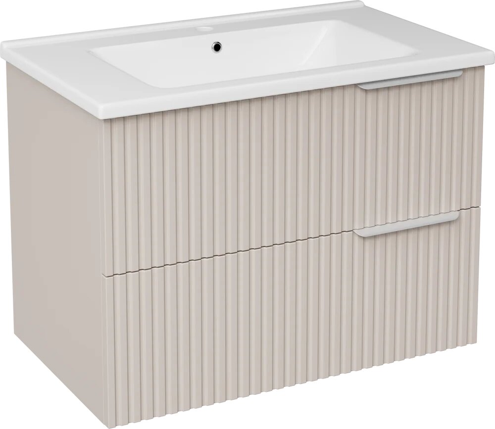 Тумба с раковиной STWORKI Хаммель 75 подвесная, 75, 3 см, бежевая, матовая, из МДФ, с ящиками, раковина для ванной фаянсовая, прямоугольная, встроенный слив-перелив, с сифоном