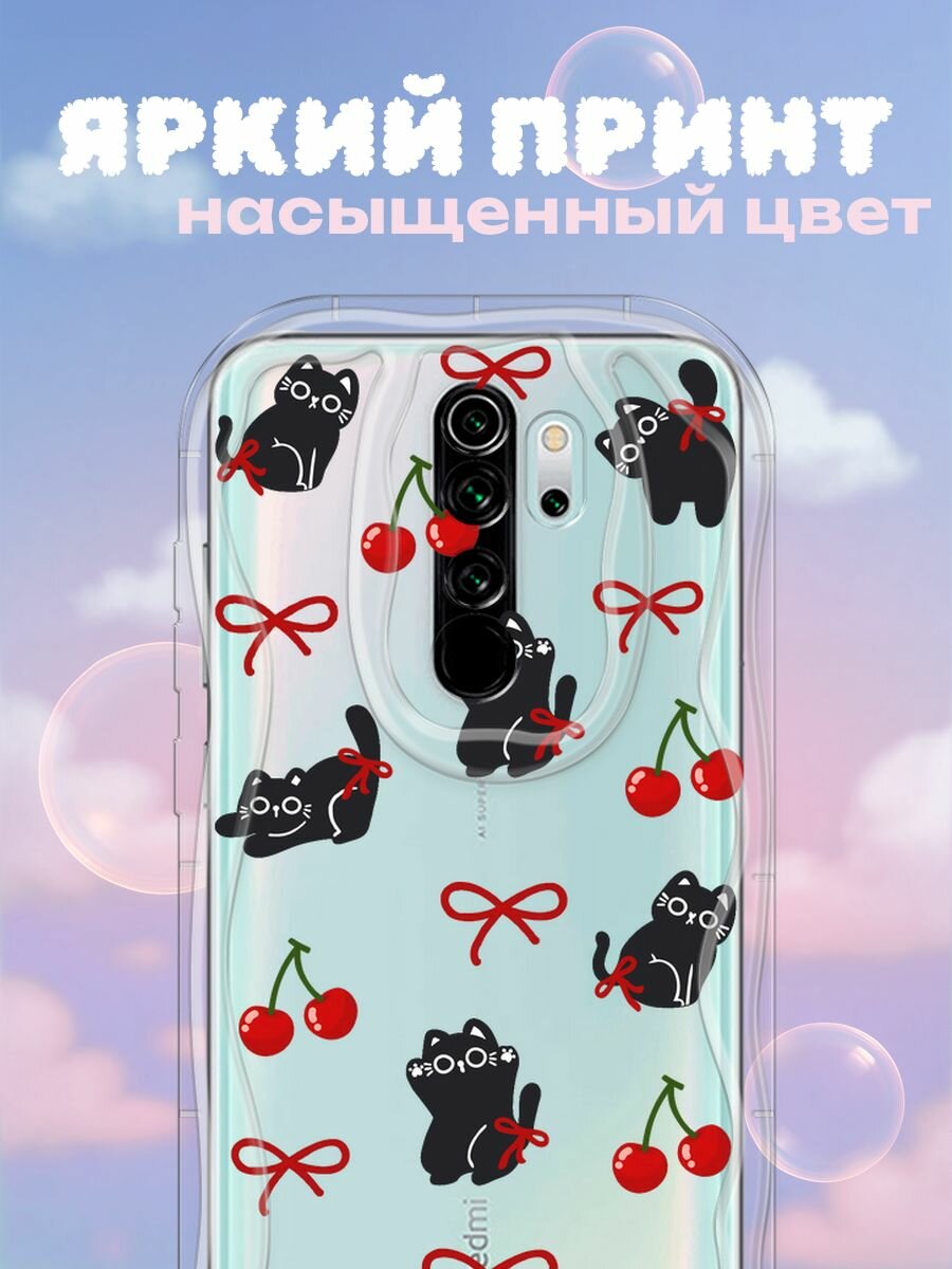 Чехол на Xiaomi Redmi Note 8 Pro / Редми Нот 8 Про с принтом "Котик, вишня и бантики" — фото 1
