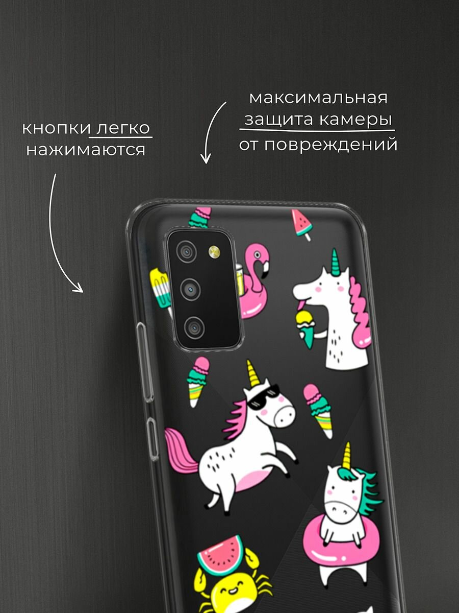 Чехол на Samsung Galaxy A02s / Самсунг Галакси A02s с принтом "Единороги в отпуске", прозрачный — фото 1