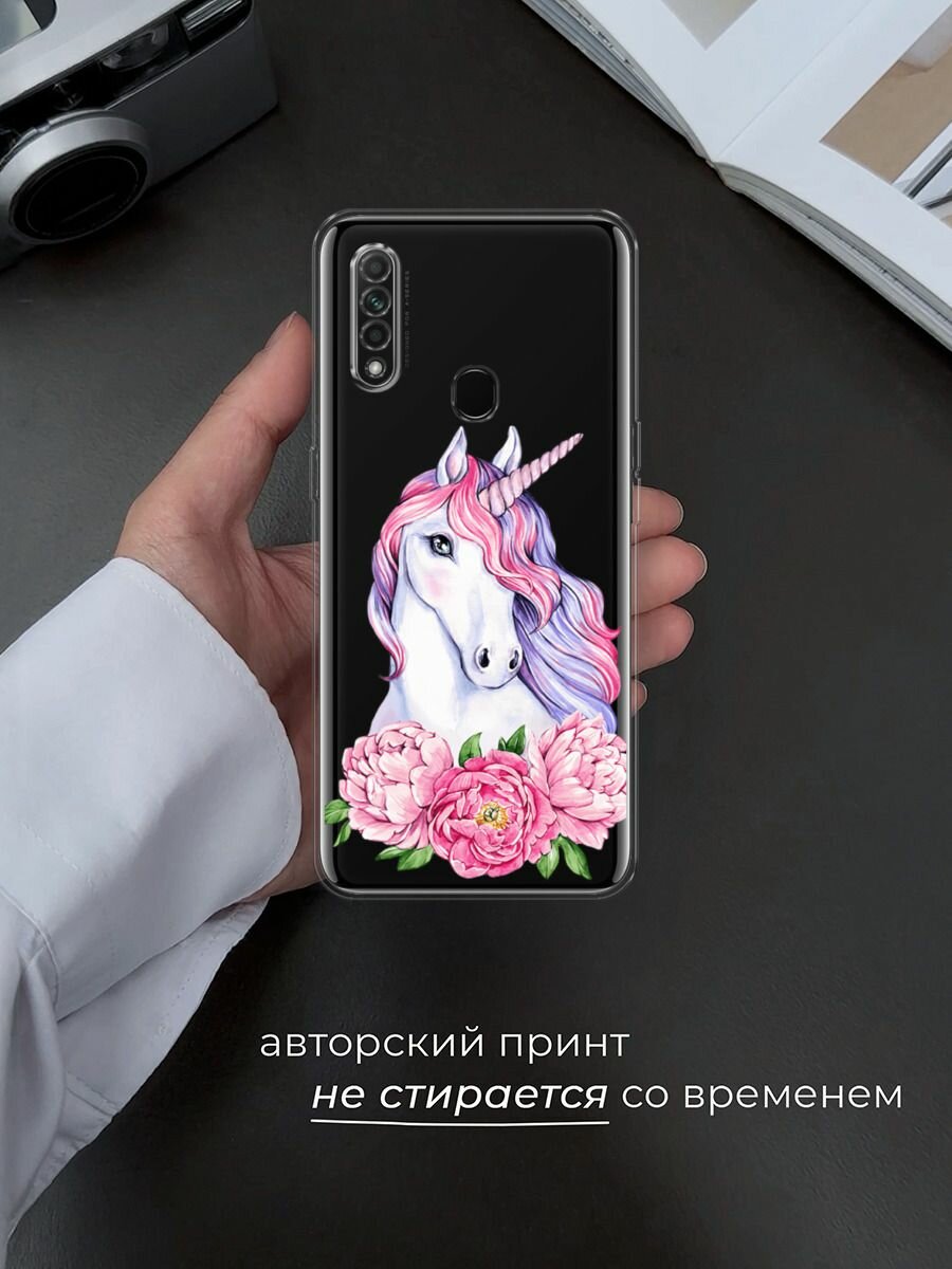 Чехол на Oppo A31 / Оппо А31 с принтом "Единорог с пионами", прозрачный — фото 1